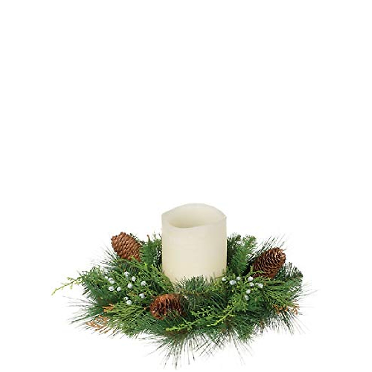 13 Inch Diameter Christmas Mixed Pine Pillar Candle Ring with Cedar, Berries and Pine Cones