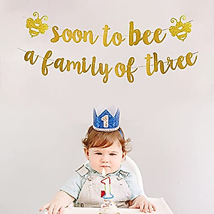 KUNGOON Soon To Bee a Family of three Banner, Gold Glitter Welcome Baby Party Paper Banner,Bumble Bee Theme Baby Shower/Mommy to Bee/Daddy to Bee Party Supplies Decoration(Gold).