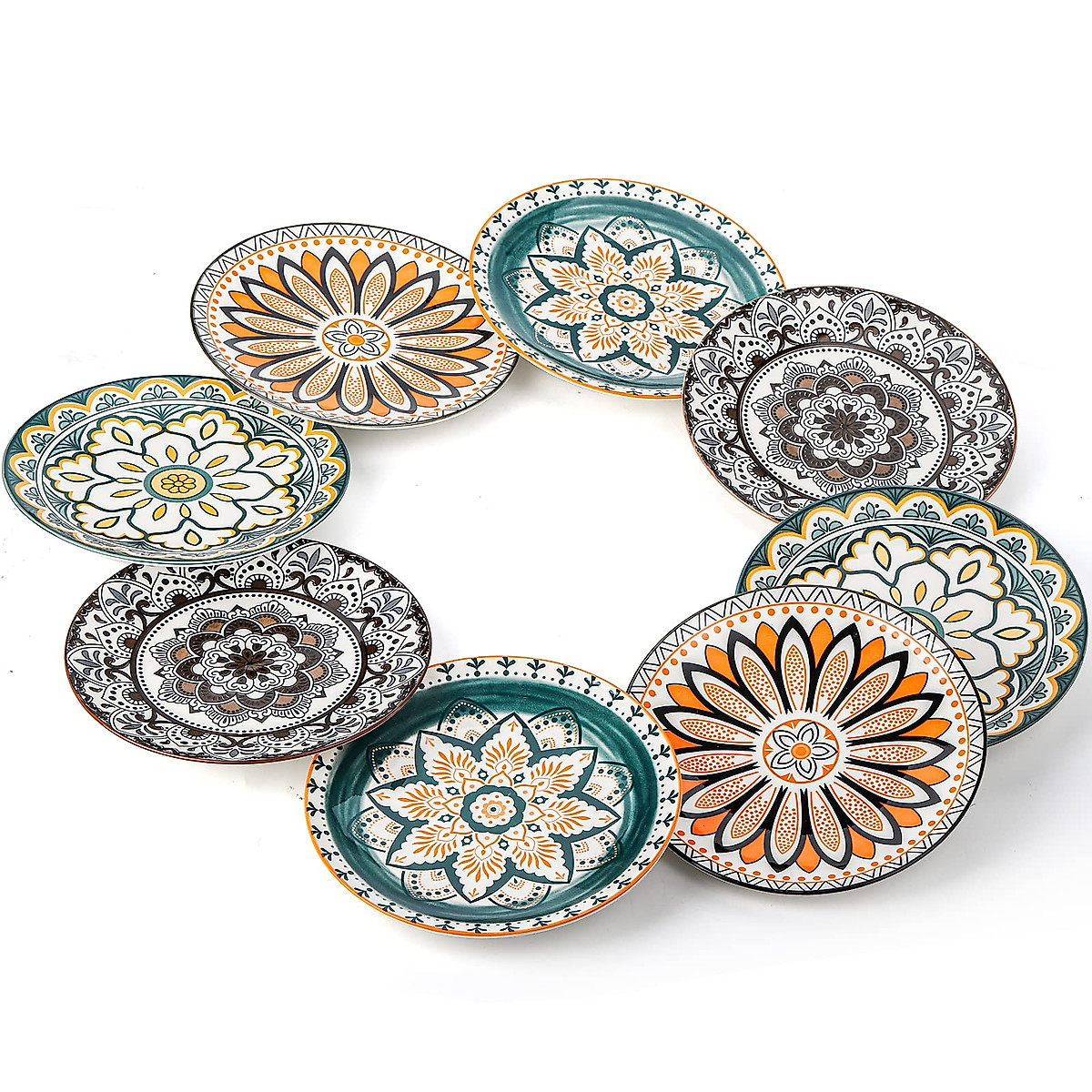 Foraineam 8 Pieces Salad Plates, 8.5 Inch Porcelain Floral Dessert Plates, Colorful Round Lunch Plate Sets for Appetizer Salad Fruit Snack, Dishwasher and Microwave Safe