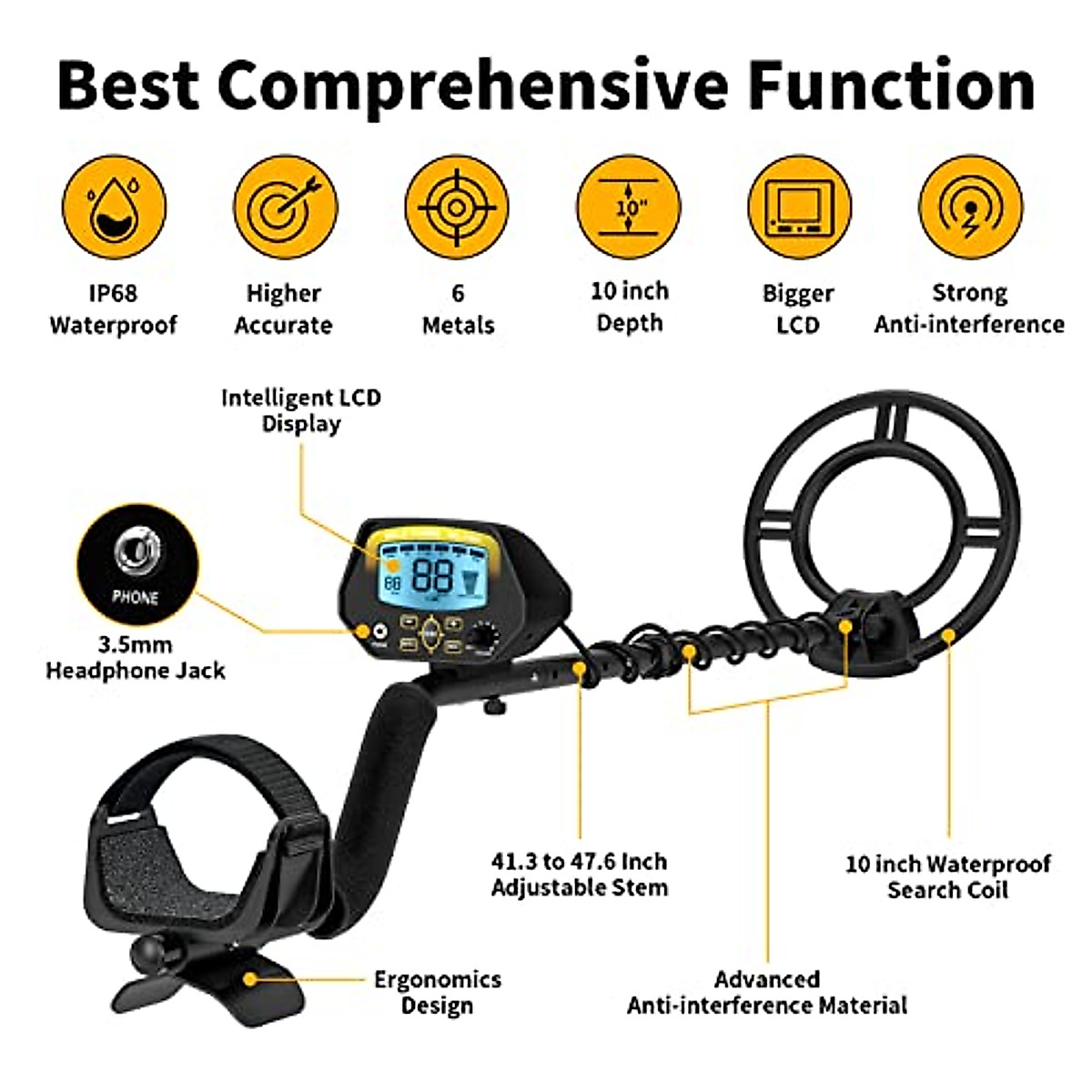 SAKOBS Metal Detector for Adults Waterproof - Professional Higher Accuracy Gold Detector with LCD Display, DISC & Notch & All Metal Mode, Advanced DSP Chip 10" Coil Metal Detectors