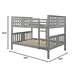 Voohek Full Over Full Bunk Bed with Ladder, Wood Bedframe Full-Length Guardrail for Kids, Teens, Bedroom, Home Furniture, No Box Spring Required, Gray