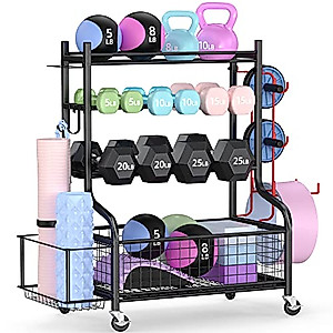 PLKOW Dumbbell Weight Rack, Home Gym Storage for Kettlebells Yoga Mat and Balls, All in One Workout Storage with Wheels and Hooks, Powder Coated Finish Steel