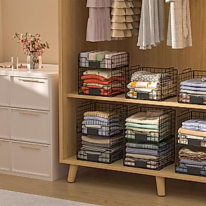 4 Pack Closet Organizers and Storage, Stackable Closet Storage Shelves, Clothes Storage Organizer Basket Bins/Containers with Dividers for Wardrobe, Closet Organization (Black-Sturdy Wire Metal Frame)