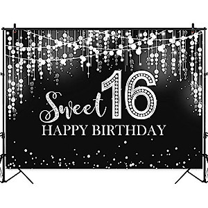 Mocsicka Sweet 16 Birthday Backdrop Glitter Silver Sweet Sixteen Background Girls 16th Birthday Party Cake Table Decoration Photo Booth Props (7x5ft)