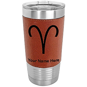 LaserGram 20oz Vacuum Insulated Tumbler Mug, Zodiac Sign Aries, Personalized Engraving Included (Faux Leather, Basketball Style)