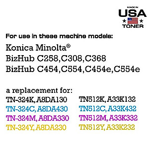 MADE IN USA TONER Compatible Replacement for use in Konica Minolta® bizhub C258, c308, c368, c454, c554, C454e, C554e Universal (TN-324K/C/M/Y, TN-512C/M/Y/K) (Black,Cyan,Yellow,Magenta, 4-Pack)