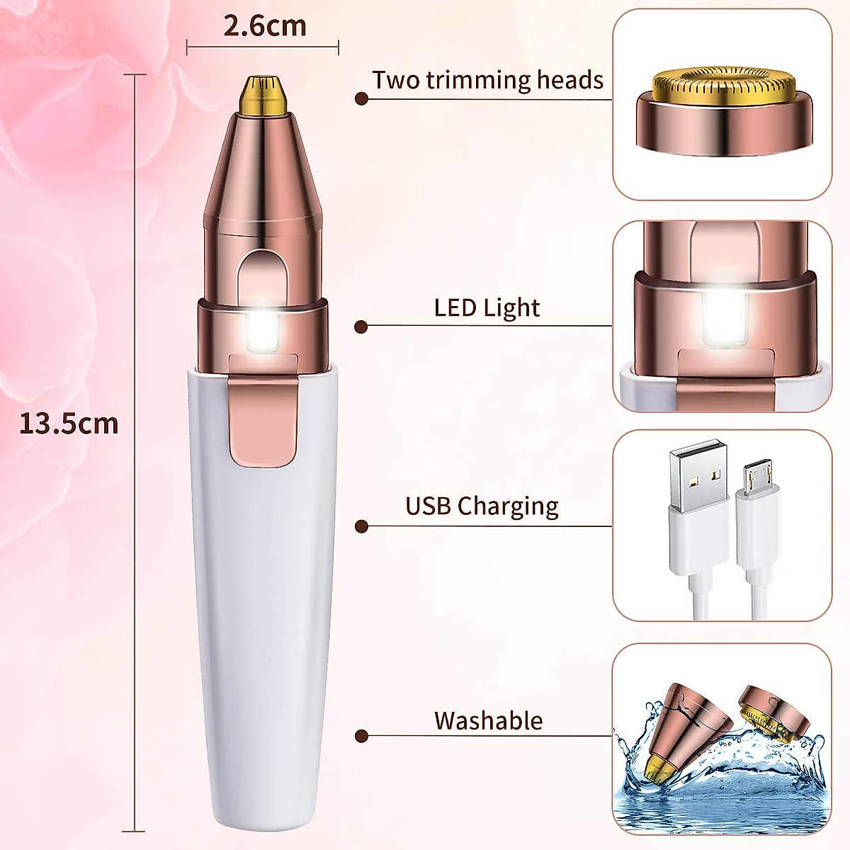 Aeruki 2 in 1 Eyebrow Trimmer & Facial Hair Removal for Women, Rechargeable 100% Painless Hair Remover Eyebrow Razor Hair Shaver for Eyebrow Nose Lips Face Armpit Body with Built-in LED Light