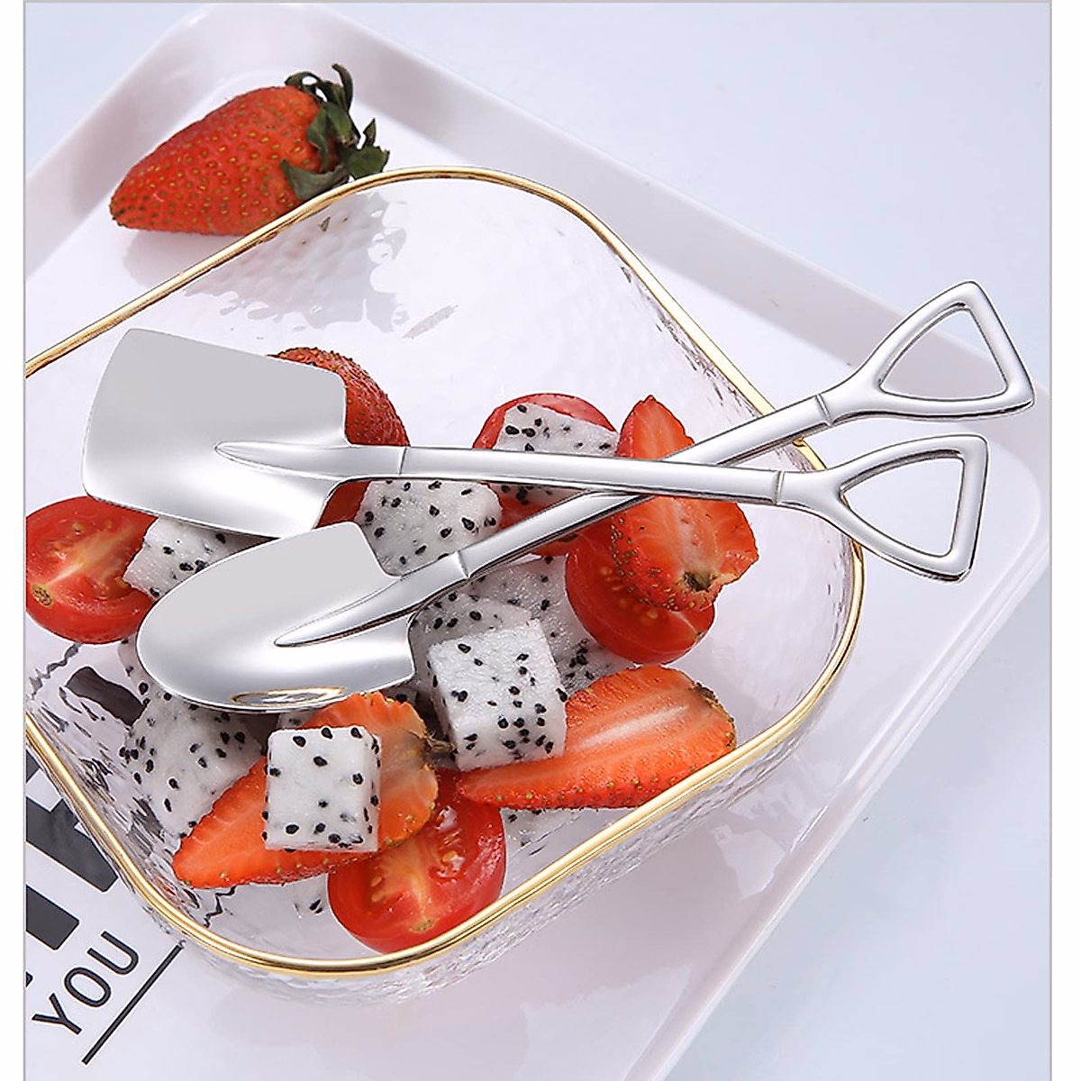 Pinenjoy 12Pcs Shovel Spoons and Fork Set 18/10(304) Stainless Steel Spade Shape Silverware Set 6.1inch Mini Spoon for Dessert Coffee Yogurt Cake Fruit Ice Cream