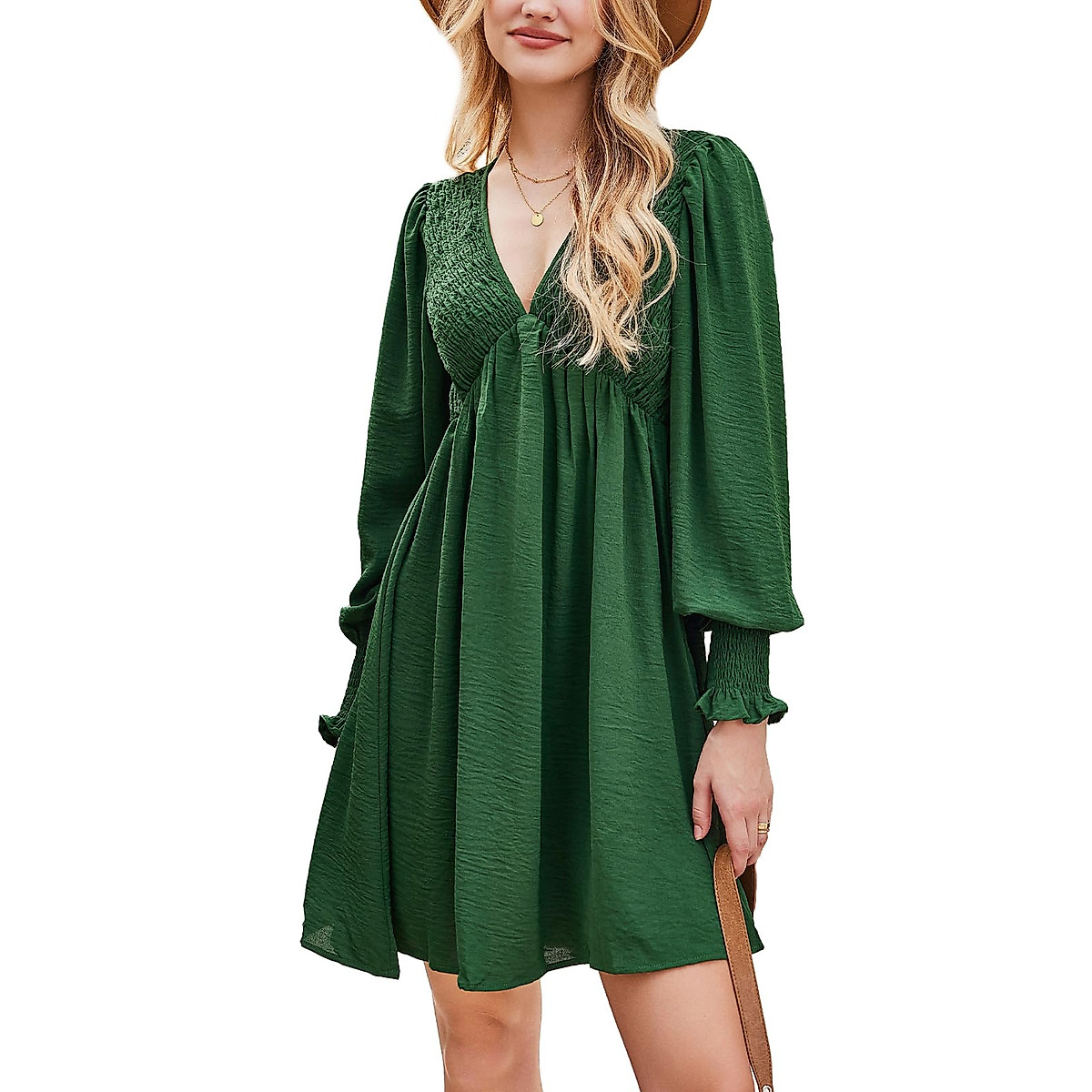 CUPSHE Women's Mini Dress Smocked V Neck Long Sleeve Empire Waist Casual A Line Green Dress