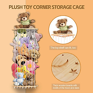 Corner Stuffed Animal Storage Wood Plush Toys Hanging Organizer Length Adjustable Stuffed Animal Holder with Moon Star Pattern Kids Toy Shelf Large Toy Storage for Nursery Playroom Bedroom Furniture