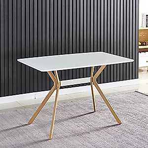 White Dining Table, Simple Modern Kitchen Table with Metal Shelf&Transfer Legs, Office Table, White
