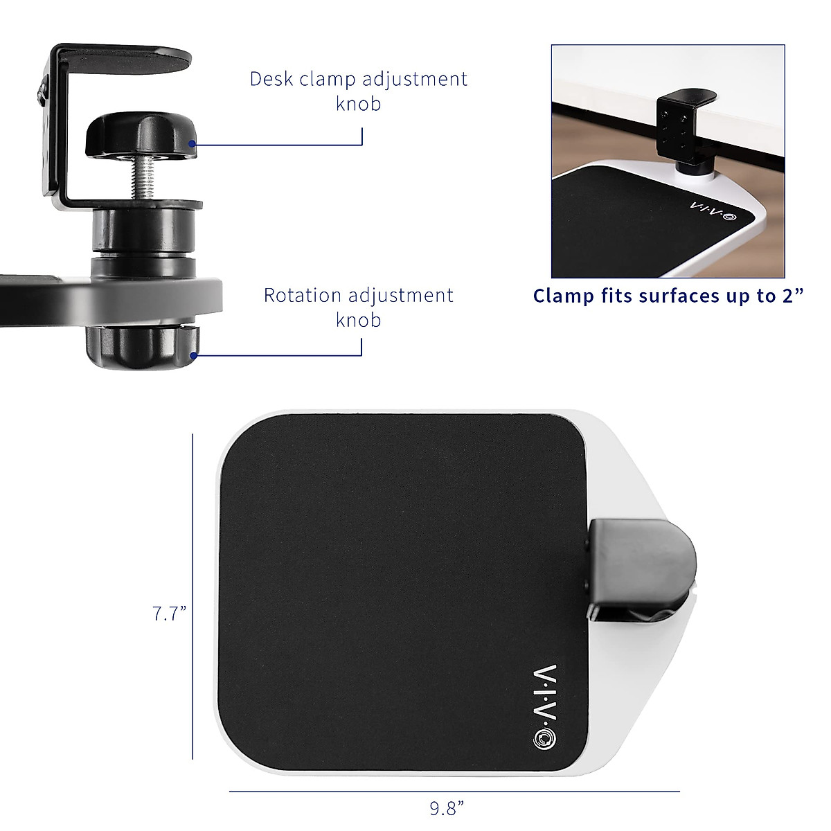 VIVO Clamp-on Mouse Pad Holder Platform, Adjustable Under Desk 360° Rotating Tray Rest Extension Attachment, up to 2 inch Desktops, White, MOUNT-MS01AW