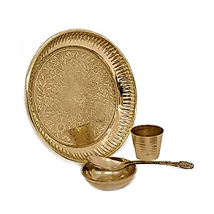 Satvik Brass 4 Pc Bhog Thali Set for Laddu Gopal Brass Bhog Thali with Glass, Bhog Bowl and Pooja Spoon for Home and Temple Kanha Ji Bhog Plate Set (Medium)