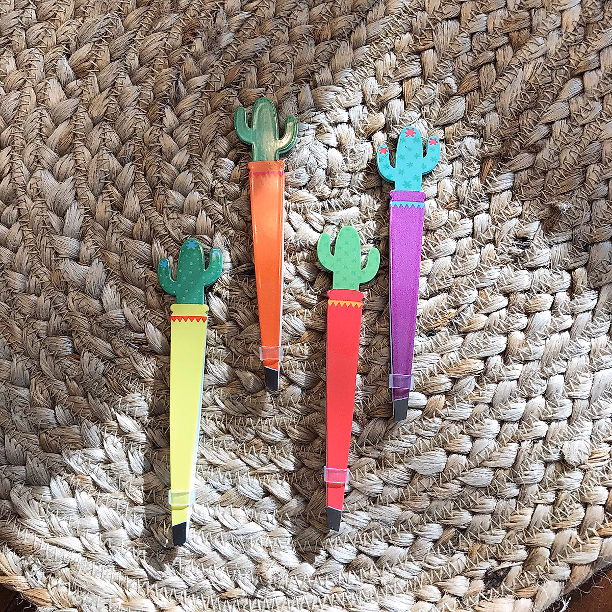 Cute Cactus Tweezer Set (Pack of 4) Slant Tweezers Assorted Set Southwestern Souvenir Gift Tweezer Bundle (Purple, Orange, Pink, Yellow)
