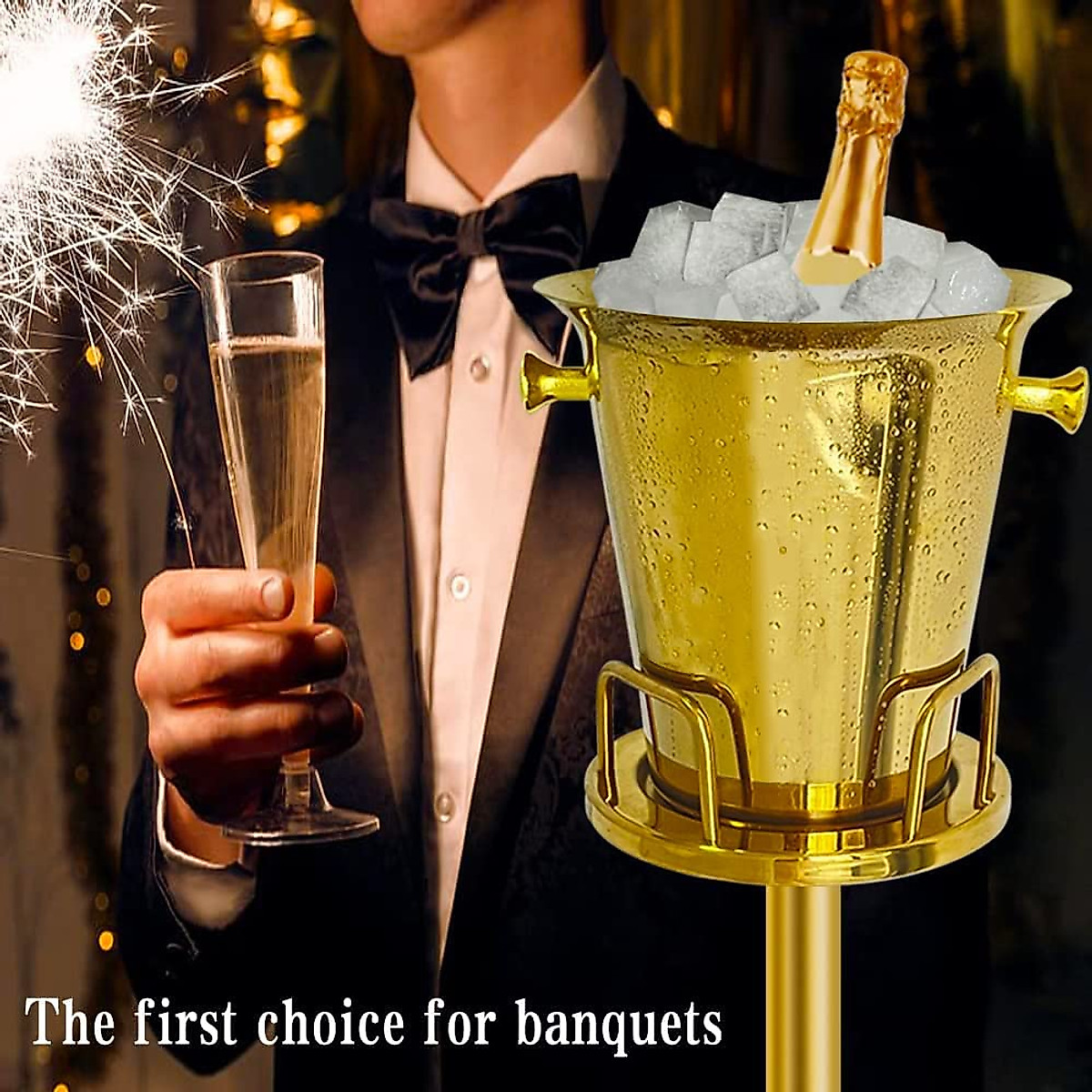 Ice Bucket with Stand 201 Stainless Steel Ice Bucket Standing Hammered 13Lbs Gold Ice Bucket with Carrying Handle for Wine Champagne Beer KTV Clubs Bar Parties (Total Height: 91cm,5L)