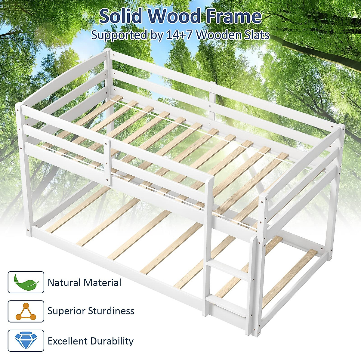 Giantex Twin Low Bunk Bed, Solid Wood Twin Over Twin Bunk Bed Frame with Full Guardrails & Integrated Ladder, Floor Twin Bunk Beds for Kids Boys and Girls, No Box Spring Needed, White