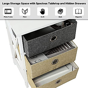 Nightstands Set of 2, with 3 Drawers, Wood Nightstand, Contrasting Colors Fabric Drawers, Easy Assembly Bedside Tables for Bedroom, College Dorm, Sturdy WhiteWood Frame, Wood Top, Easy Pull Handle.