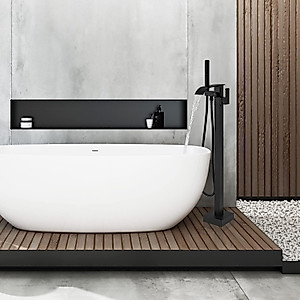 RUMOSE Tub Filler Freestanding Bathtub Faucet Matte Black Floor Mount Tub Faucet Waterfall Free Standing Bathtub Filler High Flow Brass Bath Shower Faucets with Handheld Sprayer