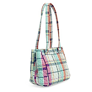 Vera Bradley Women's Cotton Multi-Compartment Shoulder Satchel Purse, Pastel Plaid - Recycled Cotton, One Size