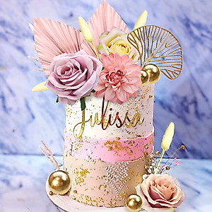 Boho Cake Topper Flower Cake Topper Pink Palm Leaves Cake Decorations with Artificial Rose Ginkgo Leaves and Balls for Wedding Baby Shower Birthday Boho Flower Themed Party Supplies (Pink)