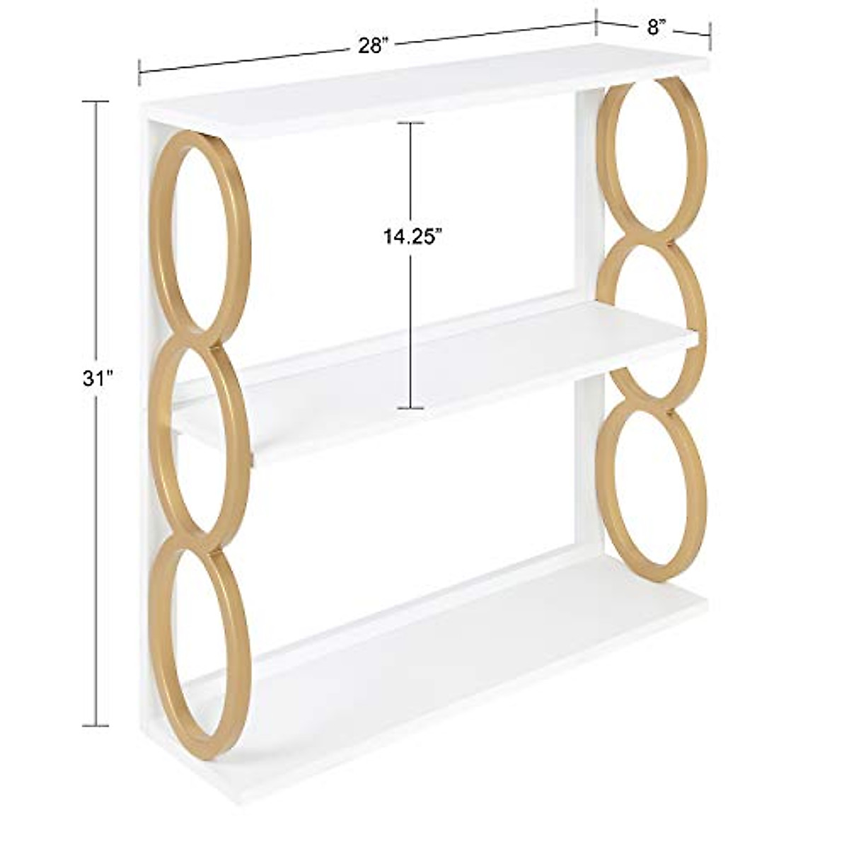 Kate and Laurel Ring Mid-Century Modern 3-Tier Shelf, 28" x 8" x 31", White and Gold, Chic Contemporary Storage and Decor