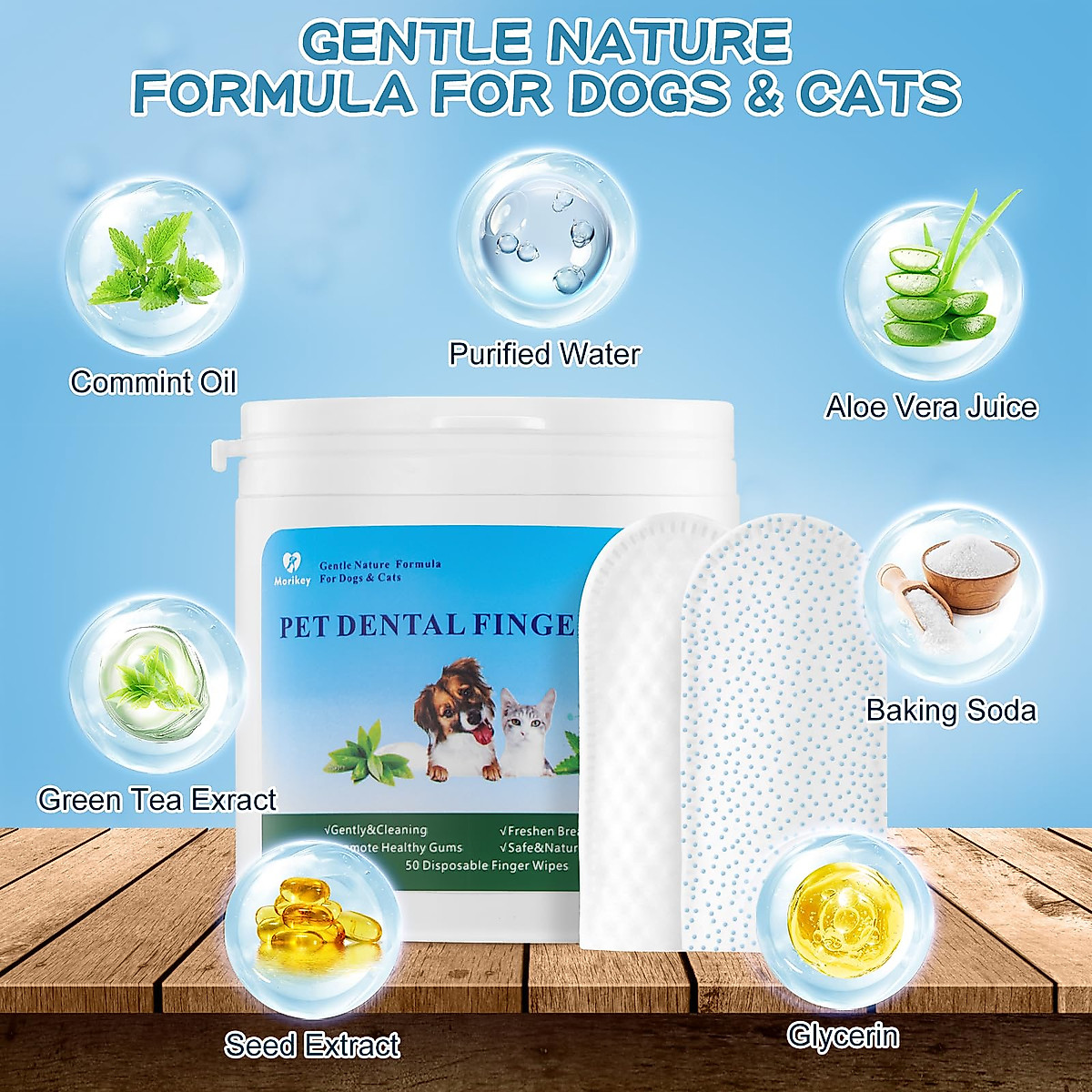 Morikey Dog Teeth Cleaning Wipes Nature Pet Dental Finger Wipes for Dogs Cats Remove Bad Breath,Reduce Plaque and Tartar Buildup Disposable Gentle Pet Dental Care-50Ct