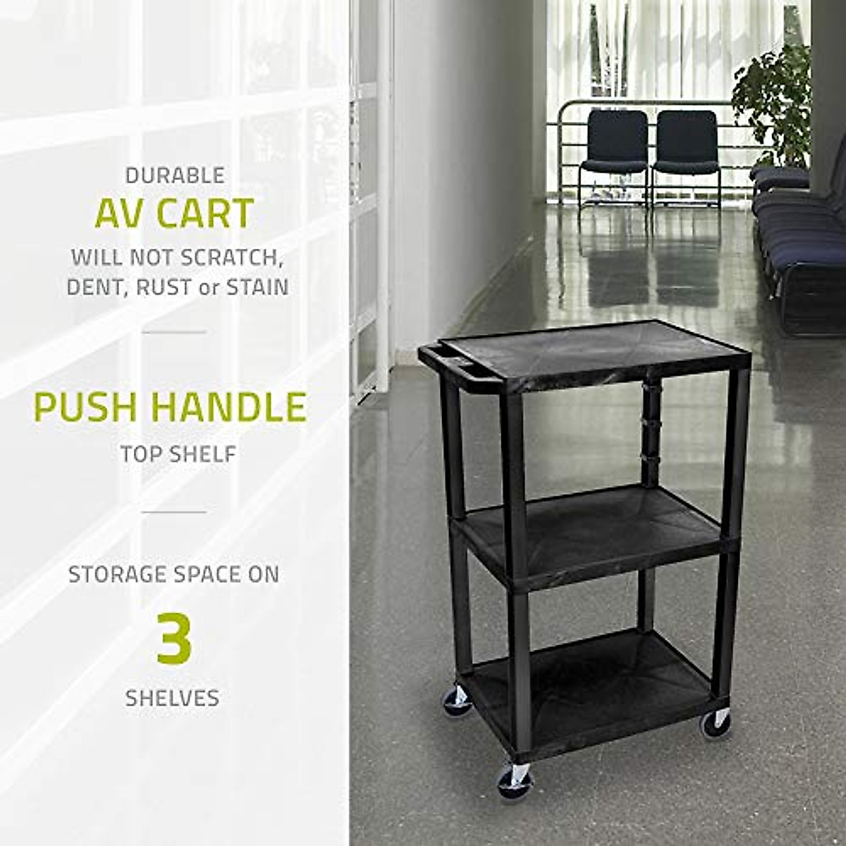 Luxor WT42E 42"H Electric A/V Cart with 3 Shelf and Black Leg