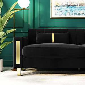 ANTTYBALE Couch 85.62" 3 Seats Sectional Velvet Fabric Sofa Easy Assemble Sofa Bed with 2 Couch Pillows,Gold Metal Legs for Living Room (P17, Black)