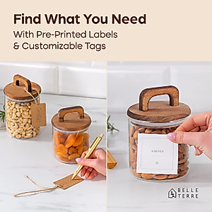 BELLE TERRE Premium Glass Jar Set - 6 Canisters with Airtight Natural Acacia Lids, Custom Labels & Spoons - Food Storage Containers & Pantry Organization - 17oz, 25oz, 34oz - Transparent, Durable