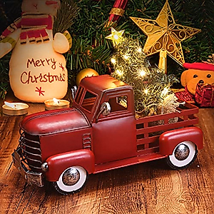 Pylemon Vintage Red Truck Christmas Decor with a Lit-up Removable Christmas Tree Wrapped Around by LED Lights String, Farmhouse Metal Pickup Truck Decor, Great Gift for Holiday Decorations