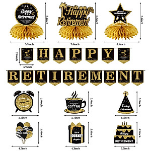 Happy Retirement Party Decorations Kit for Women Men, Black Gold Retirement Banner Honeycomb Centerpieces Swirls Party Supplies, Retirement Banner Ceiling Table Topper Swirls for Indoor Outdoor