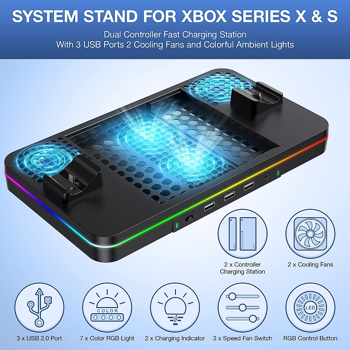 Vertical Charging Stand for Xbox Series X/S with Cooling Fan, Fast Charging Station with 2 X 1100 mAh Rechargeable Battery, Dual Controller Charger Station Accessories with 3 USB Ports&2 Headset Stand