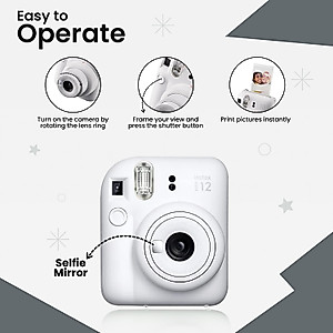 Fujifilm Instant Mini 12 Instant Camera Lilac Purple + MiniMate Accessory Bundle & Compatible Custom Case + Fuji Instant Film Value Pack (50 Sheets) Designer Photo Album (Lilac Purple)