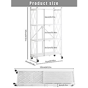 4 Tier Foldable Shelving Unit, Lanstics Folding Shelves Heavy Duty Storage Shelving with Wheels Metal Shelf Standing Shelves Units for Home Kitchen Living Room