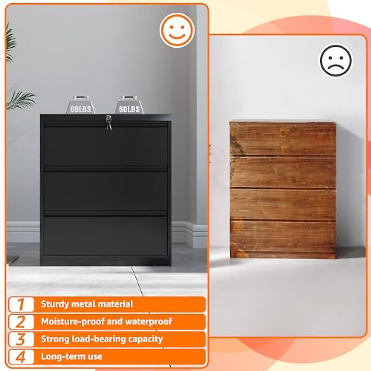 METAN 3 Drawer Metal Lateral File Cabinet for Home Office, Large Deep Metal File Cabinet with Lock, 35.43 Inches Wide for Letter/Legal A4 Size, Assembly Required, Black