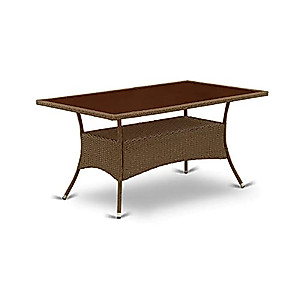 East West Furniture Oslo 7 Piece Outdoor Wicker Patio Furniture Sets Consist of a Rectangle Bistro Table with Glass Top and 6 Balcony Armchair with Cushion, 36x60 Inch, Brown