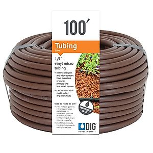 DIG B38100 100’ ¼” Vinyl Tubing (.170 ID x .250 OD) | Flexible, UV-Resistant Feeder Line | Ideal for Drip Emitters, Micro-Sprinklers in Gardens, Landscaping, Irrigation Projects (Brown)