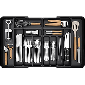 Lifewit Large Silverware Drawer Organizer, Expandable to 36 Inches Wide, BPA Free Plastic Utensil Tray for Kitchen, Adjustable Flatware and Cutlery Holder for Spoons Forks Knives, Black