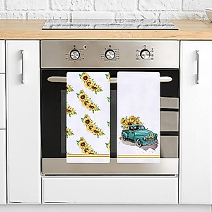 Set of 2 Watercolor Sunflower Kitchen Dish Towel 18 x 28 Inch, Seasonal Spring Summer Sunflower Truck Tea Towels Dish Cloth for Cooking Baking