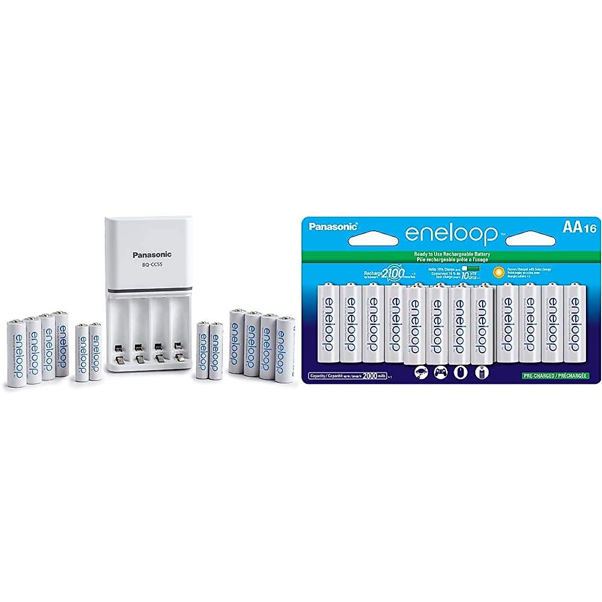 Eneloop Panasonic K-KJ55MC84CZ Power Pack; 8AA, 4AAA, and Advanced Battery 3 Hour Quick Charger & Panasonic BK-3MCCA16FA AA 2100 Cycle Ni-MH Pre-Charged Rechargeable Batteries, 16-Battery Pack
