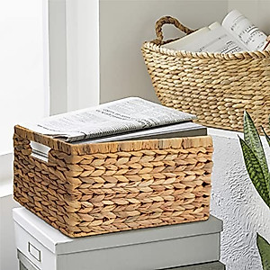 HOMESTEAD Water Hyacinth Storage Baskets with Built-in Handles, Medium Rectangular Wicker Baskets - Set of 2