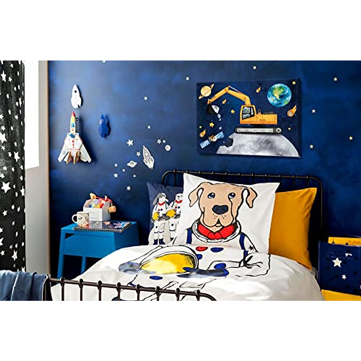 HLNIUC Outer Space Room Wall Art, Space Theme Posters Astronaut Construction Canvas Prints (12”X16”,Framed), Planet Stars Trucks Universe Art Print For Kids Boys room Playroom Decor-Ready To Hang