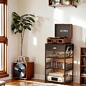 Hongtamoya 4-Tier AV Media Stand with Drawer, Video Game Console Shelf with 2 Hooks, Audio Rack Tower Perfect for/Xbox/ PS5/Switch/Game Consoles/DVD/Record Player/Projector/Sky Box/TV Accessories