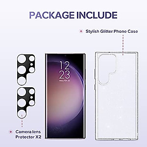 HORTUNE for Samsung Galaxy S23 Ultra Case Glitter,with 2 Camera Lens Protector,[Not Yellowing] Crystal Shockproof Case,Slim Phone Cover Woman for S23 Ultra 6.8" 2023 (Clear Bling)