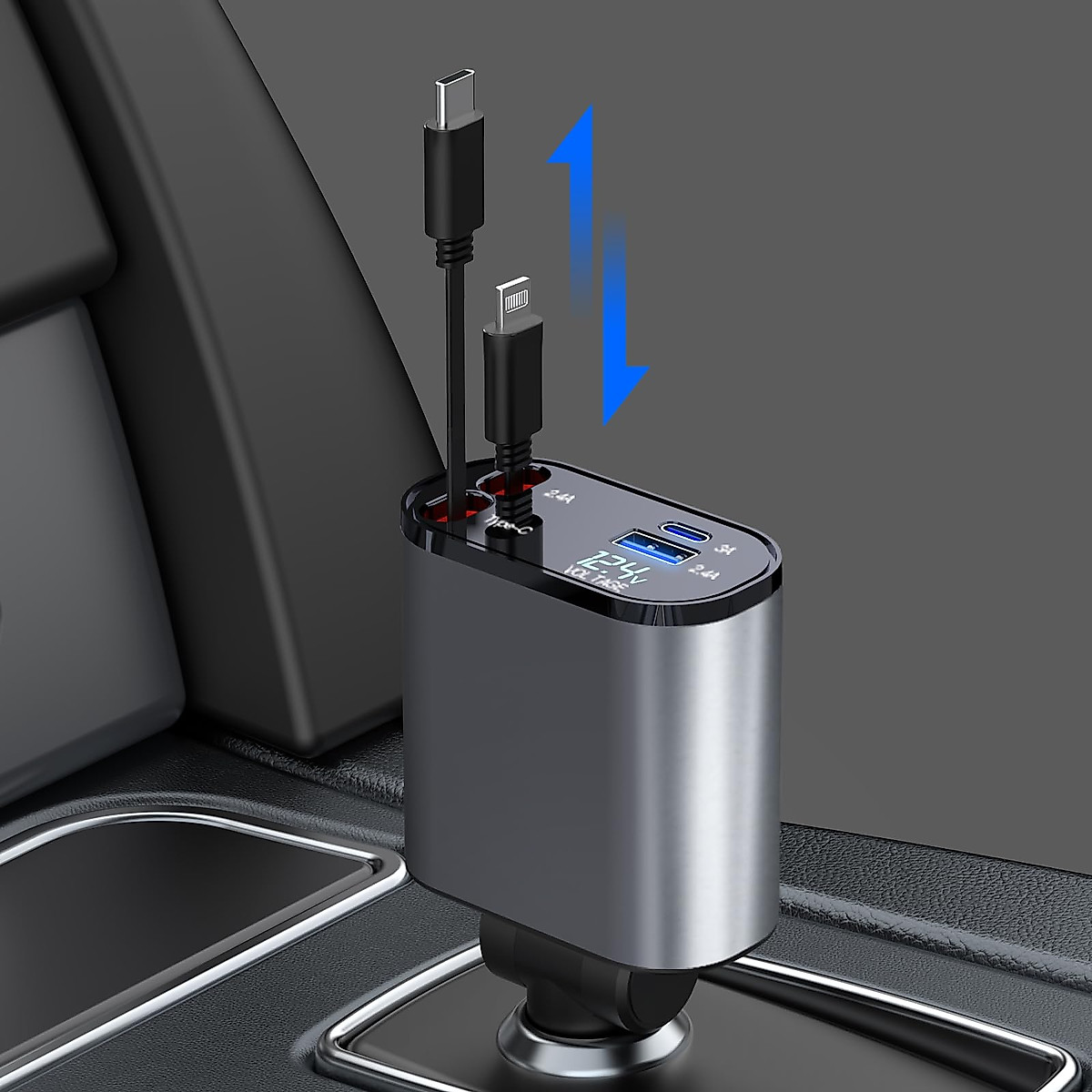 Retractable Car Charger, 4 in 1 USB C Car Charger 60W,Retractable Cables (2.6Ft) and 2 USB Ports Car Charger Adapter, Compatible with iPhone 15/14/13/12/11 Pro Max, Galaxy S23/ S22/S10,Google Pixel