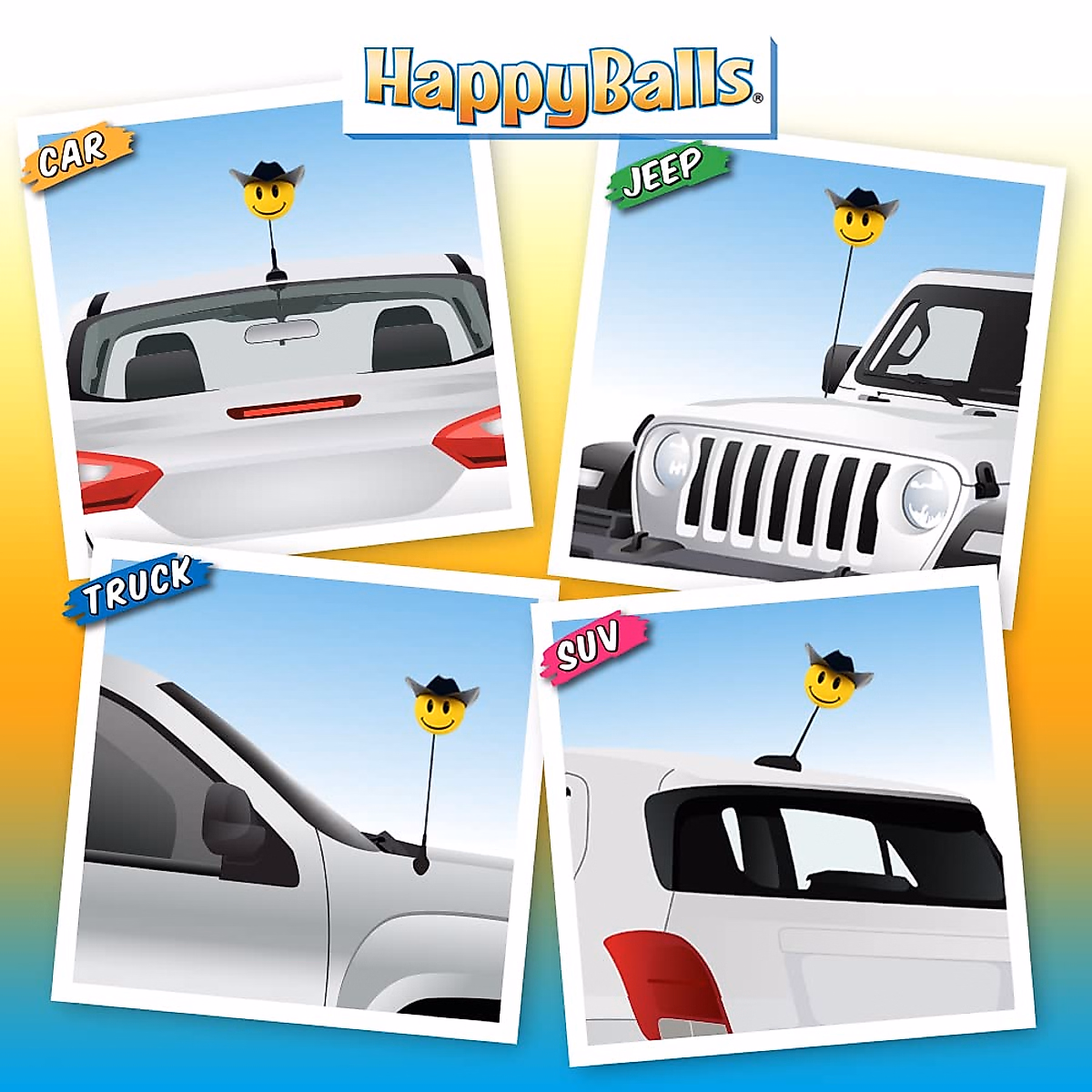 HappyBalls Cowboy with Black Hat Truck, Car, SUV Antenna Topper Auto Accessory