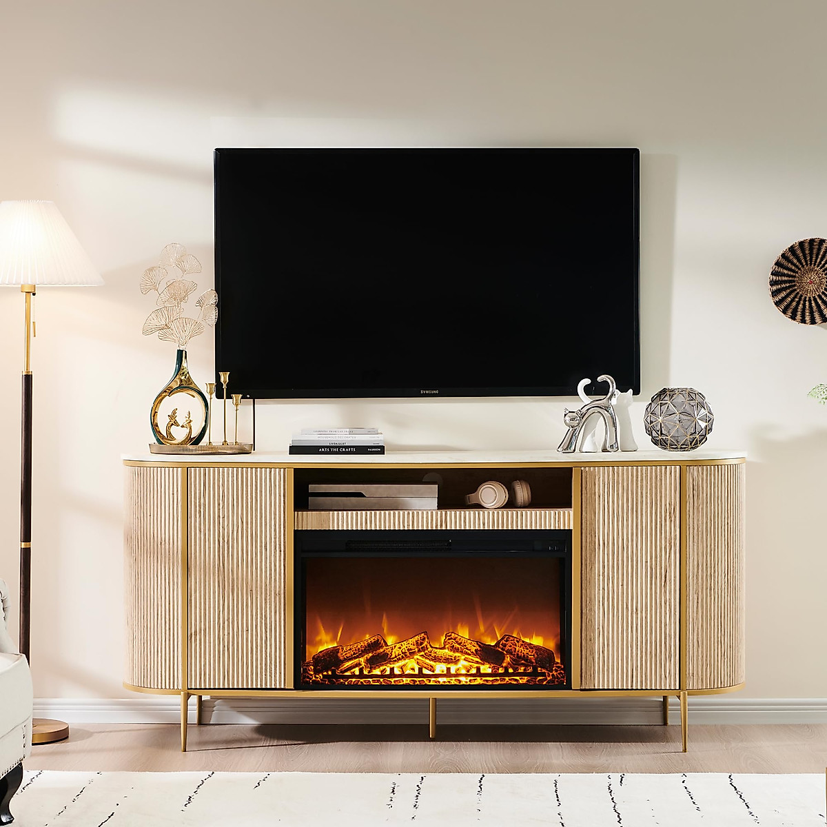 OKD Luxury 70" Fluted Fireplace TV Stand, Modern Chic Entertainment Center for TVs Up to 80 inches, TV Console with Faux Marble Top, Curved Profile Design, Media Console for Living Room, Natural Oak