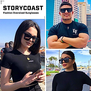 STORYCOAST Square Sunglasses for Women Men Fashion Big Frame Flat Top Sun Glasses Mirror Lens (Matte Black-Gray)