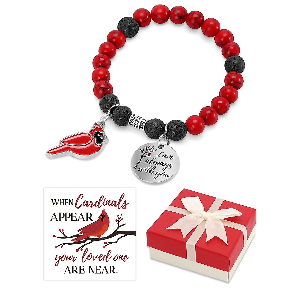 Cardinal Beaded Bracelet Memorial Gift Set with When Cardinals Appear Your Loved One Are Near Card Red Bird Charm Christmas Sympathy Jewelry Bereavement Meaningful Christmas Stocking Stuffer Present