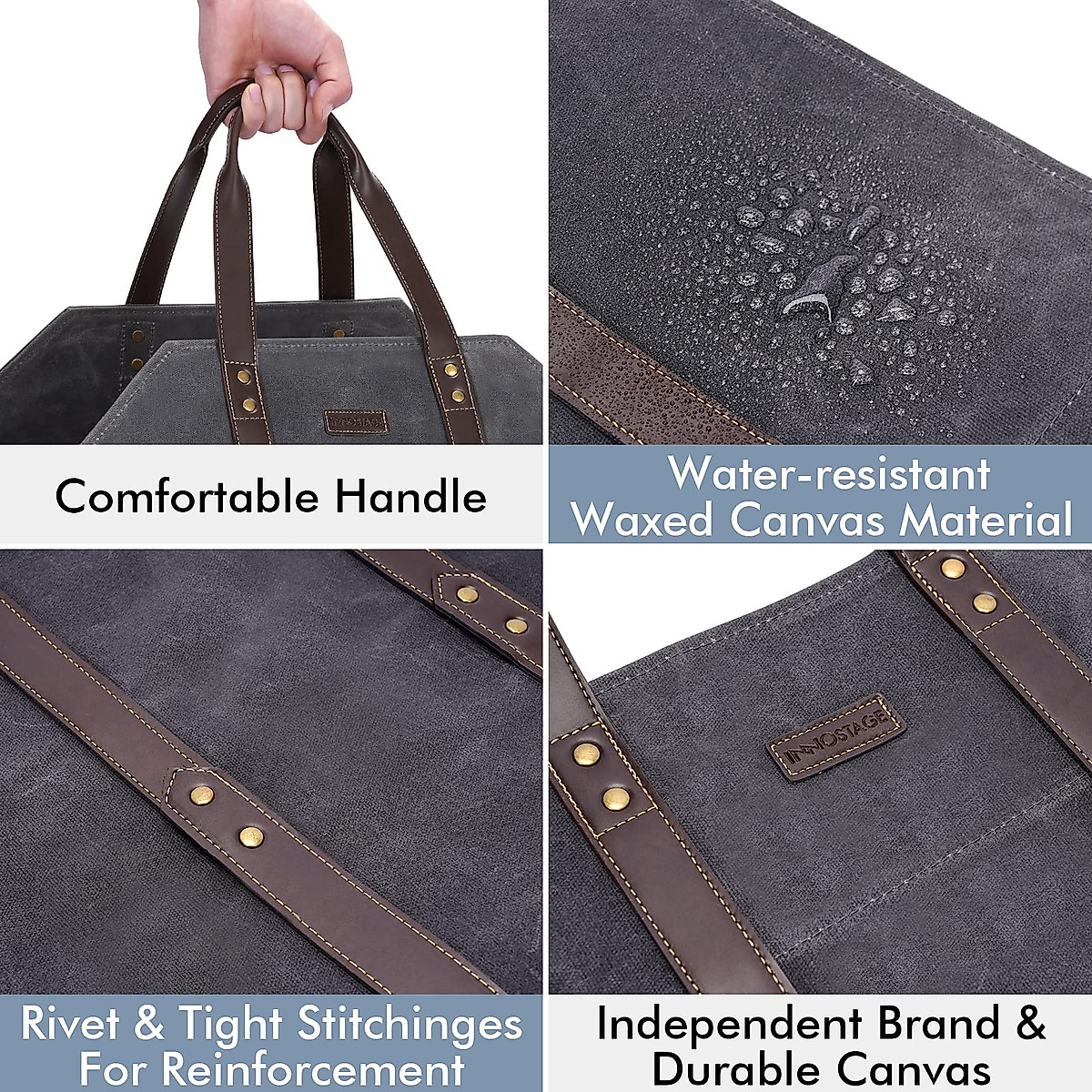 Log Carrier|Waxed Canvas Log Holder|Firewood Carrier Tote Bag|Fireplace Wood Stove Accessories-Grey